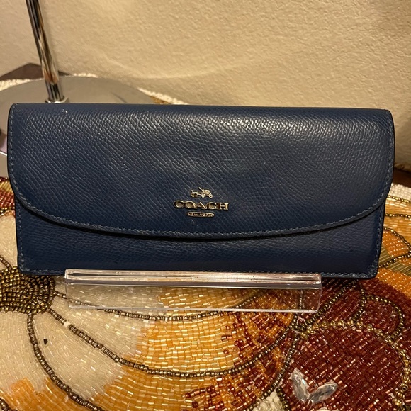 Coach | Bags | Coach Blue Leather Thin Long Wallet Interior Is Tanbrown ...